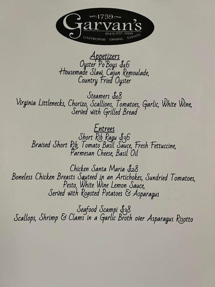 Menu at Garvan's Gastropub, New Paltz