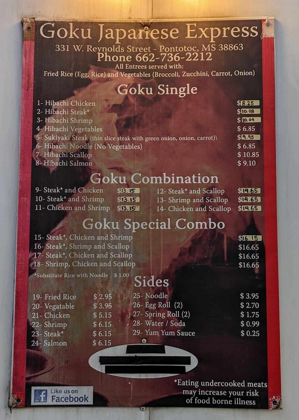 Menu at Goku Japanese Express restaurant, Pontotoc