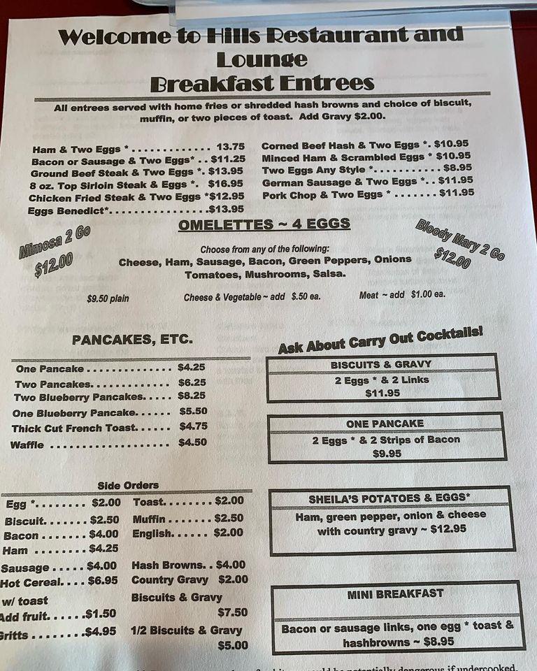 Menu at Hill's Restaurant & Lounge, Kennewick