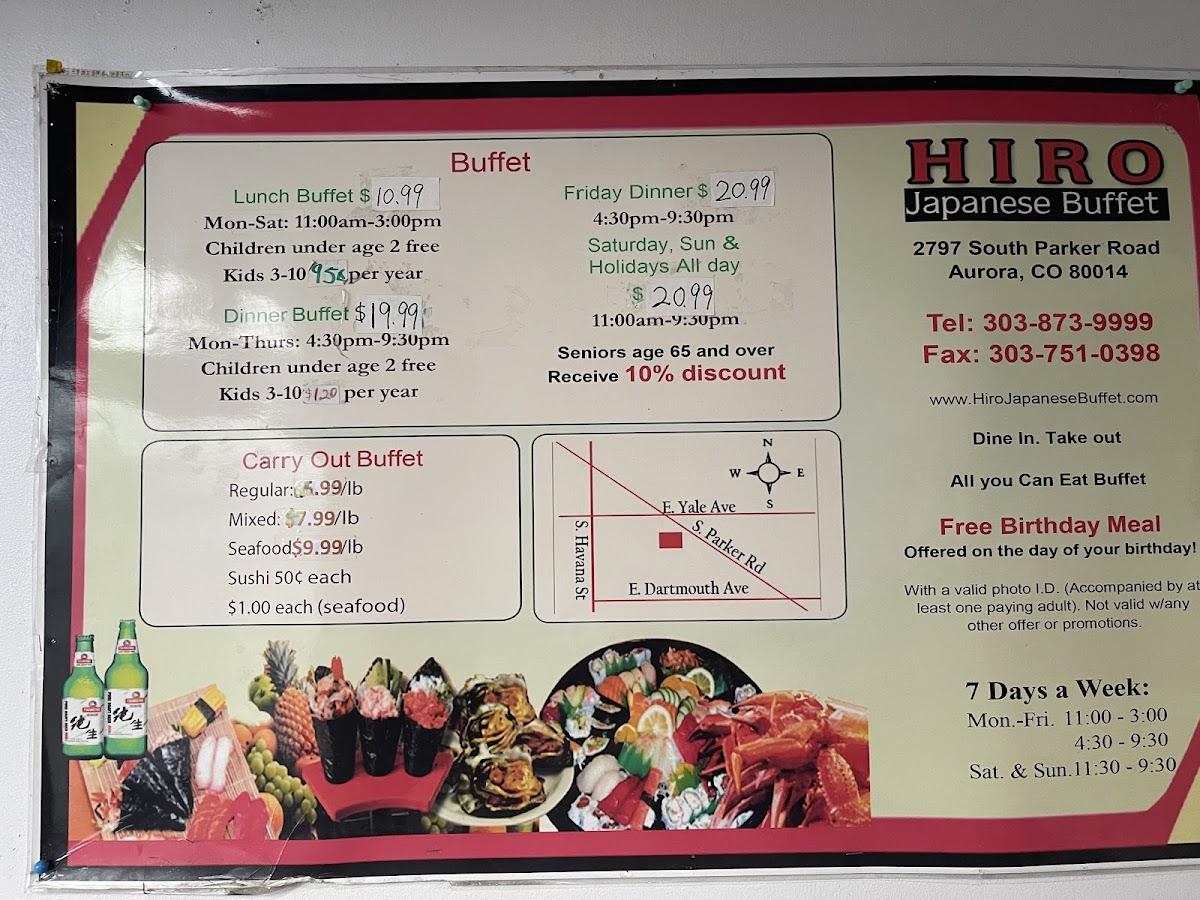 Carta del restaurante Hiro Japanese Buffet, Aurora