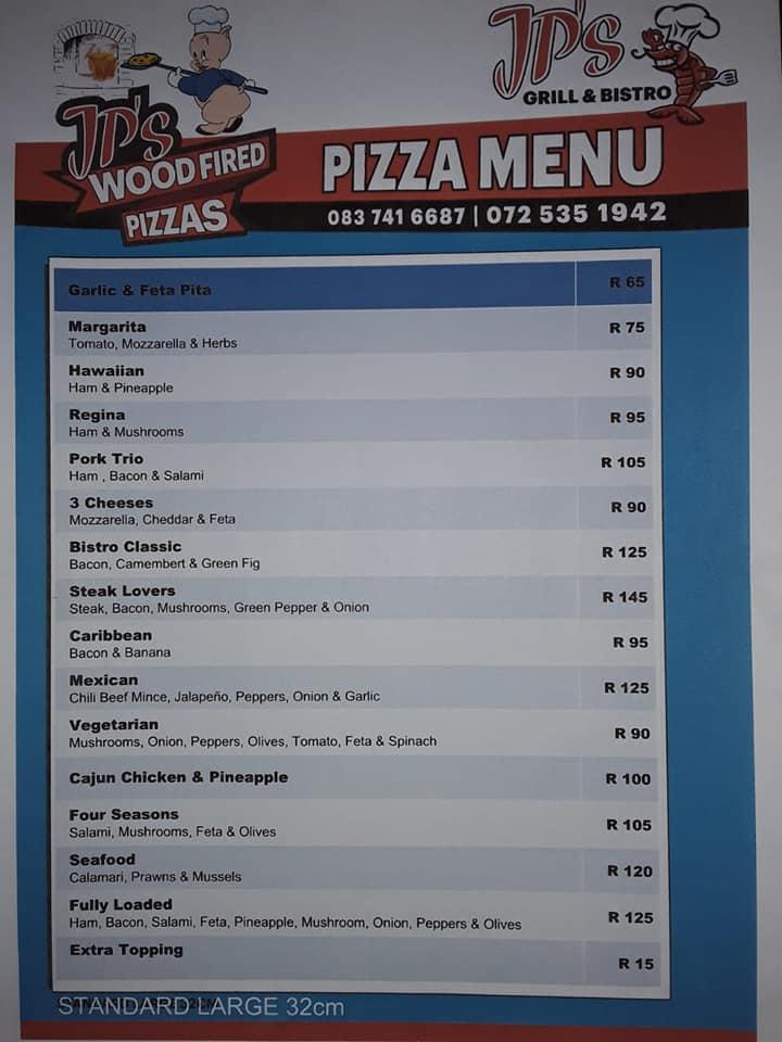 Menu at JP's Grill and Bistro steakhouse, Saint Helena Bay, Main St