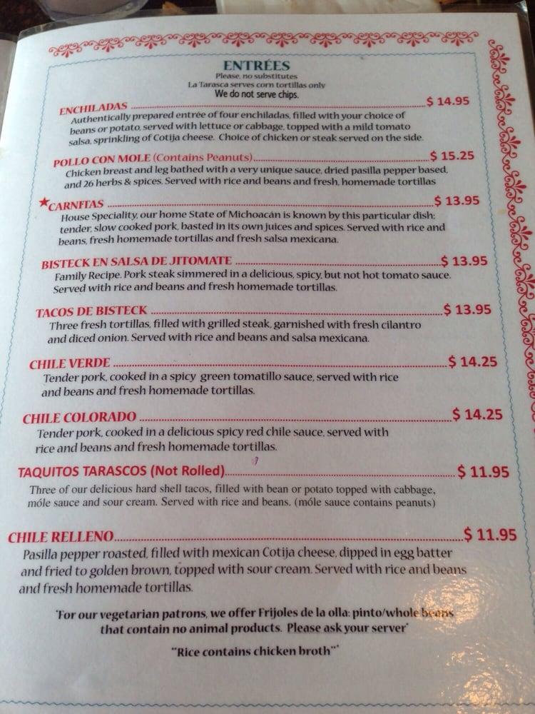 Menu at La Tarasca restaurant, Centralia