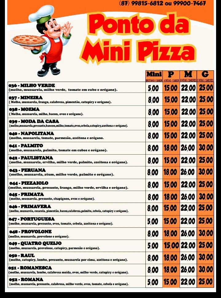Menu em Ponto da míni pizza pizzaria, Águas Belas