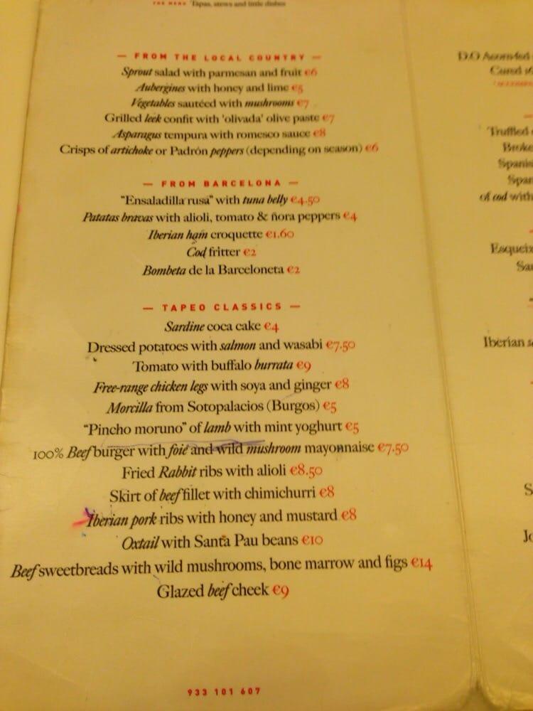 Menu at Tapeo pub & bar, Barcelona
