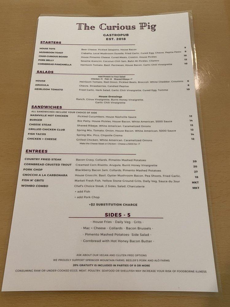 Carta del pub y bar The Curious Pig, Peachtree City