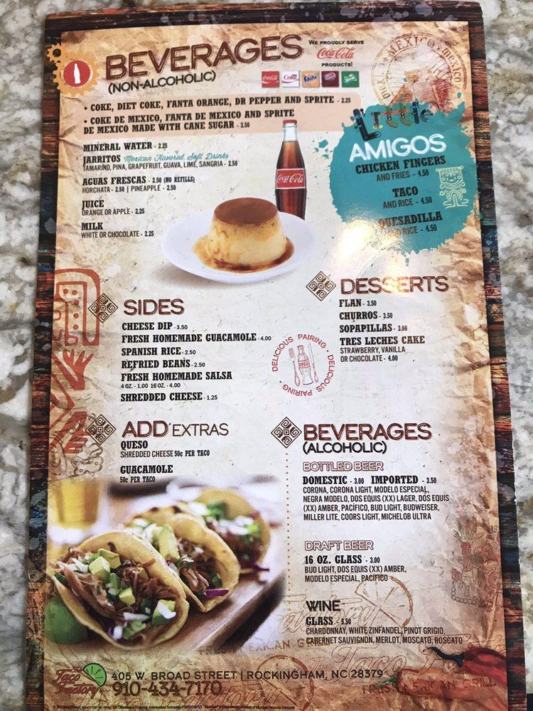 Menu at The Taco Factory restaurant, Rockingham