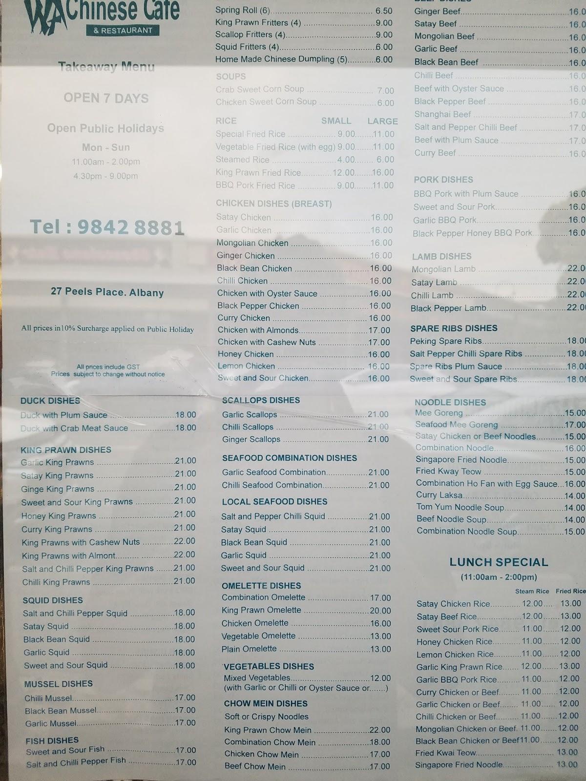 Menu at WA Chinese Café & Restaurant, Albany