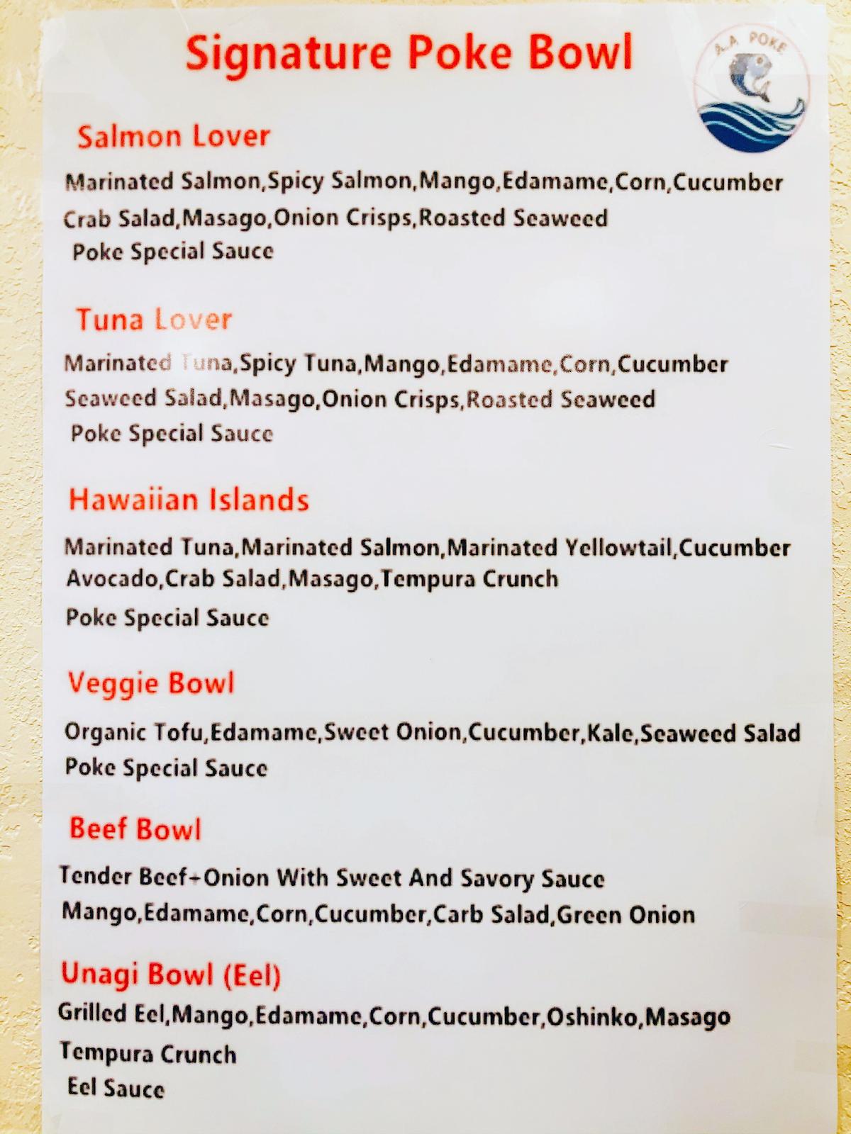 Menu at AA POKE restaurant, Fort Wayne