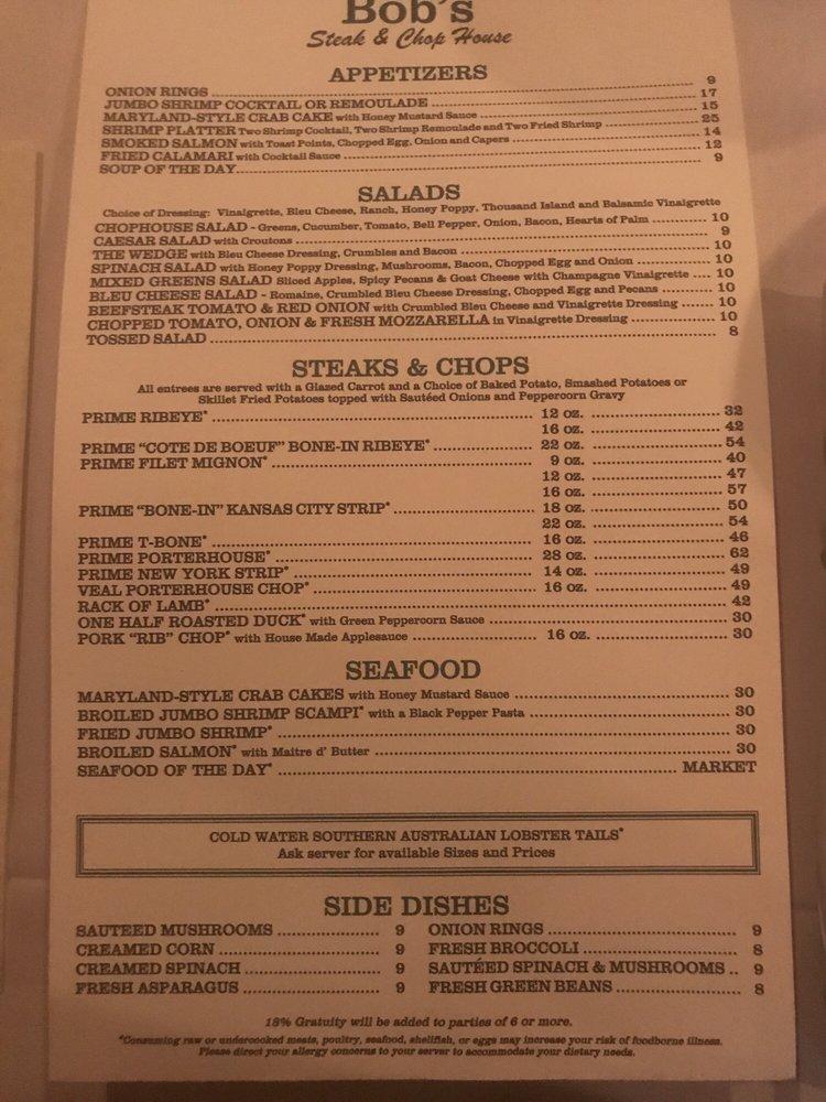 Menu at Bob's Steak & Chop House steakhouse, Dallas, Lemmon Ave