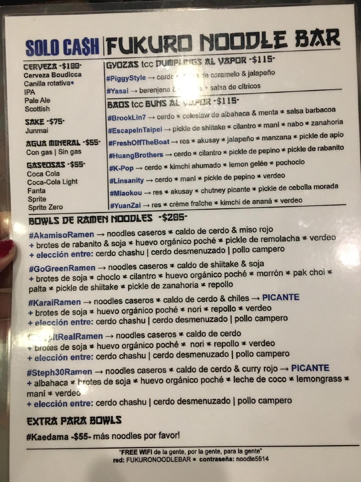 Carta de Fukuro Noodle Bar, Buenos Aires