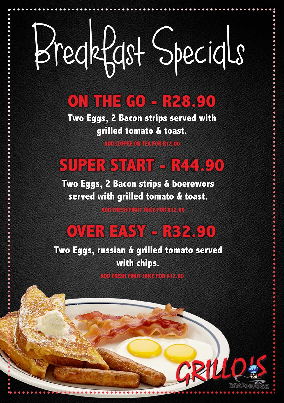 Menu at Grillo's Roadhouse restaurant, Boksburg