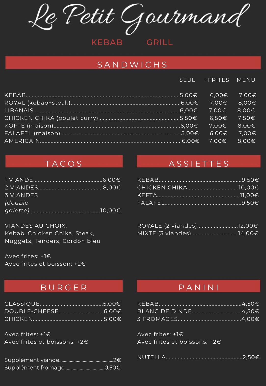 Menu au Le Petit Gourmand Kebab fast food, Cagny