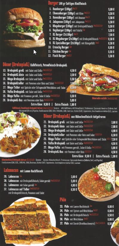 Menu at Mega Burger restaurant, Kaiserslautern