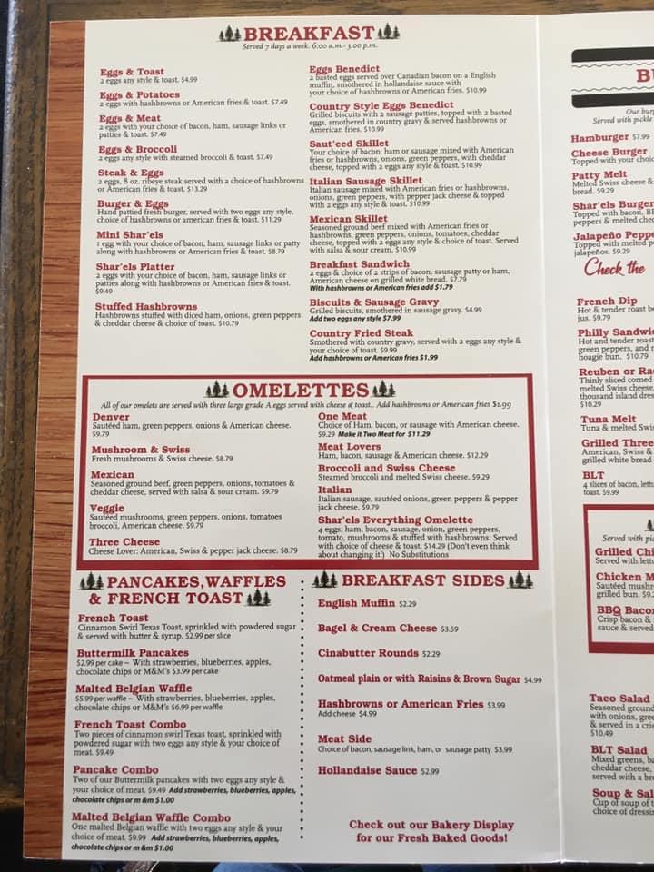 Menu at Shar'els Cafe, North Saint Paul
