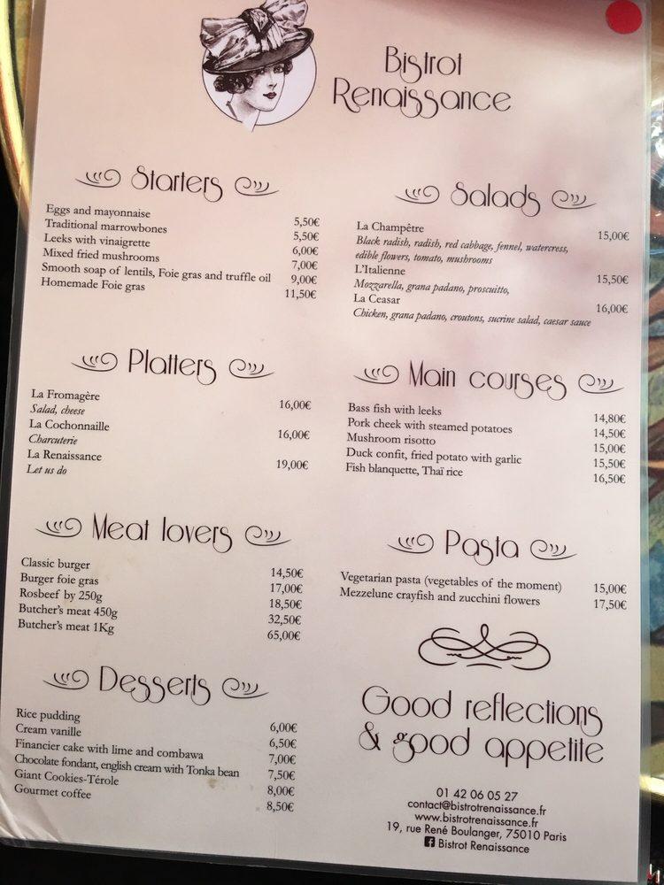 Menu at Bistrot Renaissance pub & bar, Paris