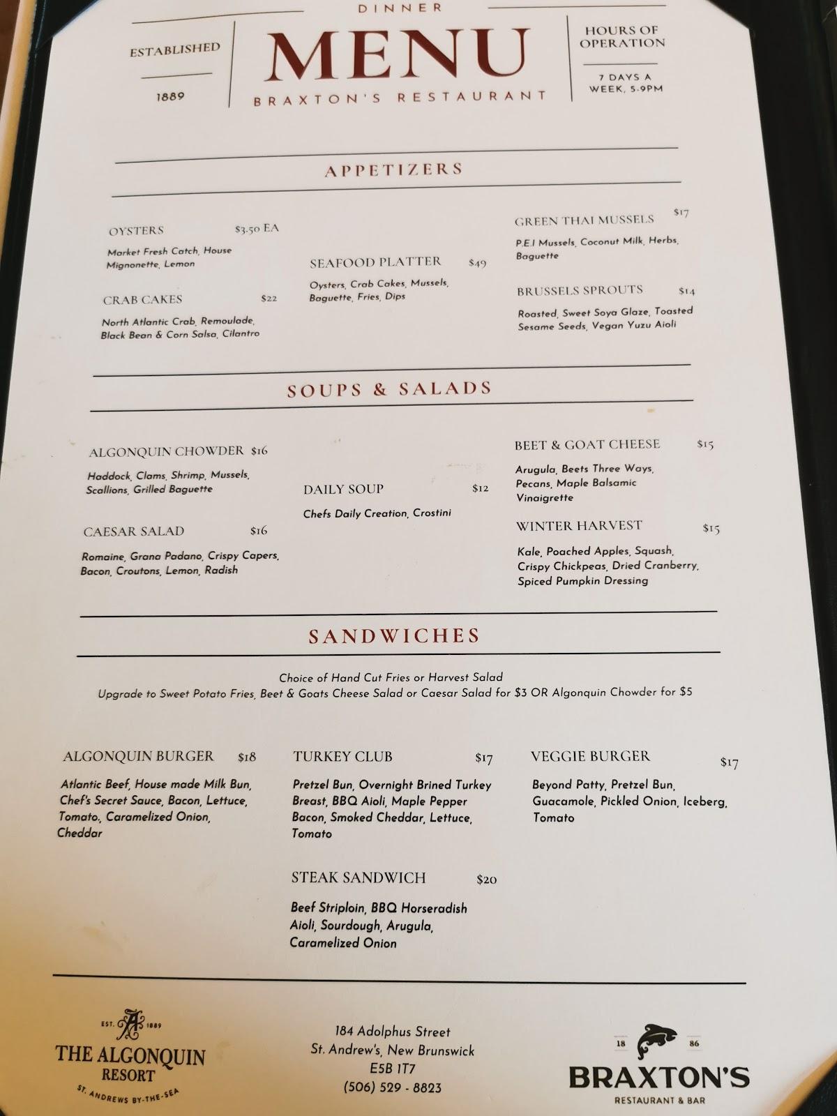 Menu at Braxton's Restaurant & Bar, Saint Andrews