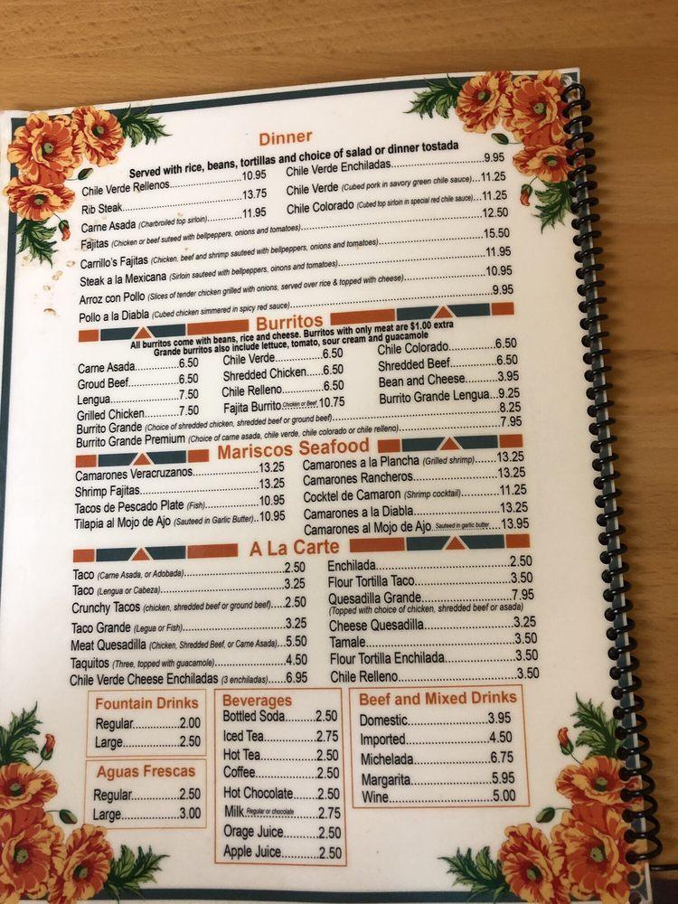Menu at Carrillo's Mexican Food restaurant, Clovis