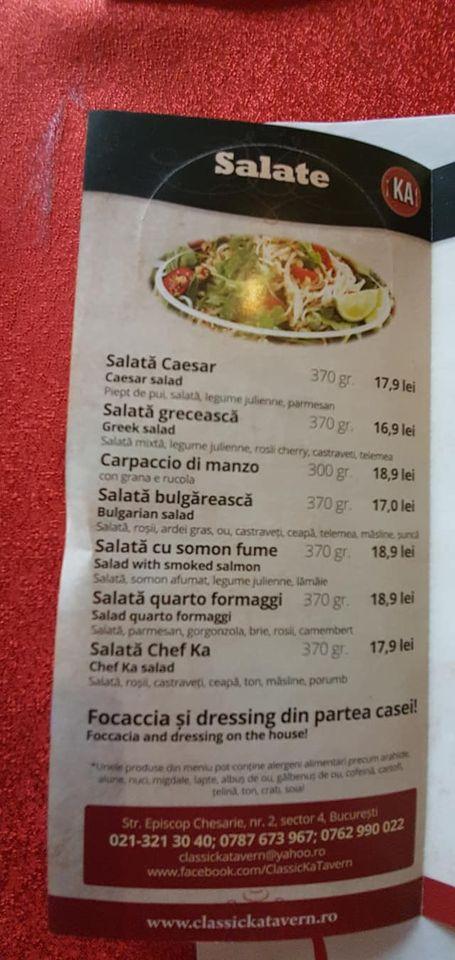 Speisekarte von Classic Ka Tavern, Bukarest