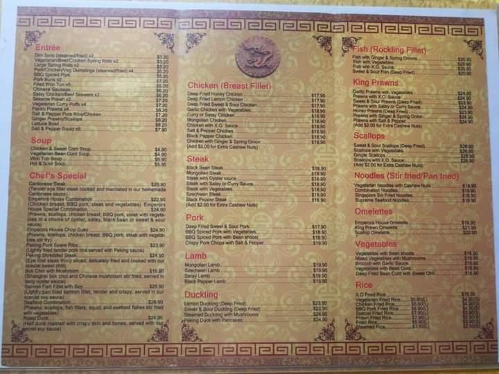 Menu at Emperors House restaurant, Warrnambool
