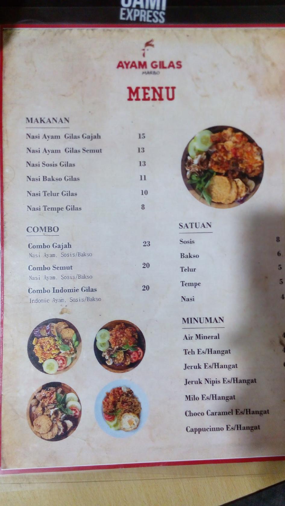 Menu at Gami Express restaurant, Balikpapan