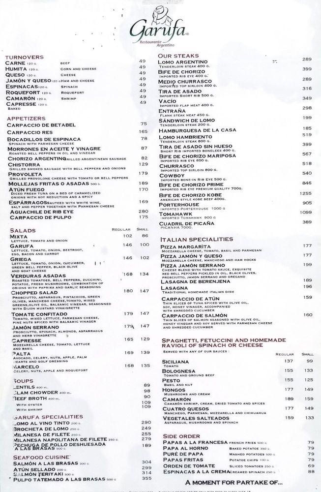 Carta de Garufa Restaurante Argentino, Ajijic