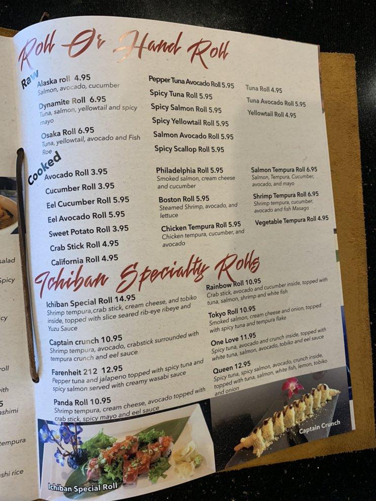 Menu at Ichiban Japanese steakhouse, Pooler