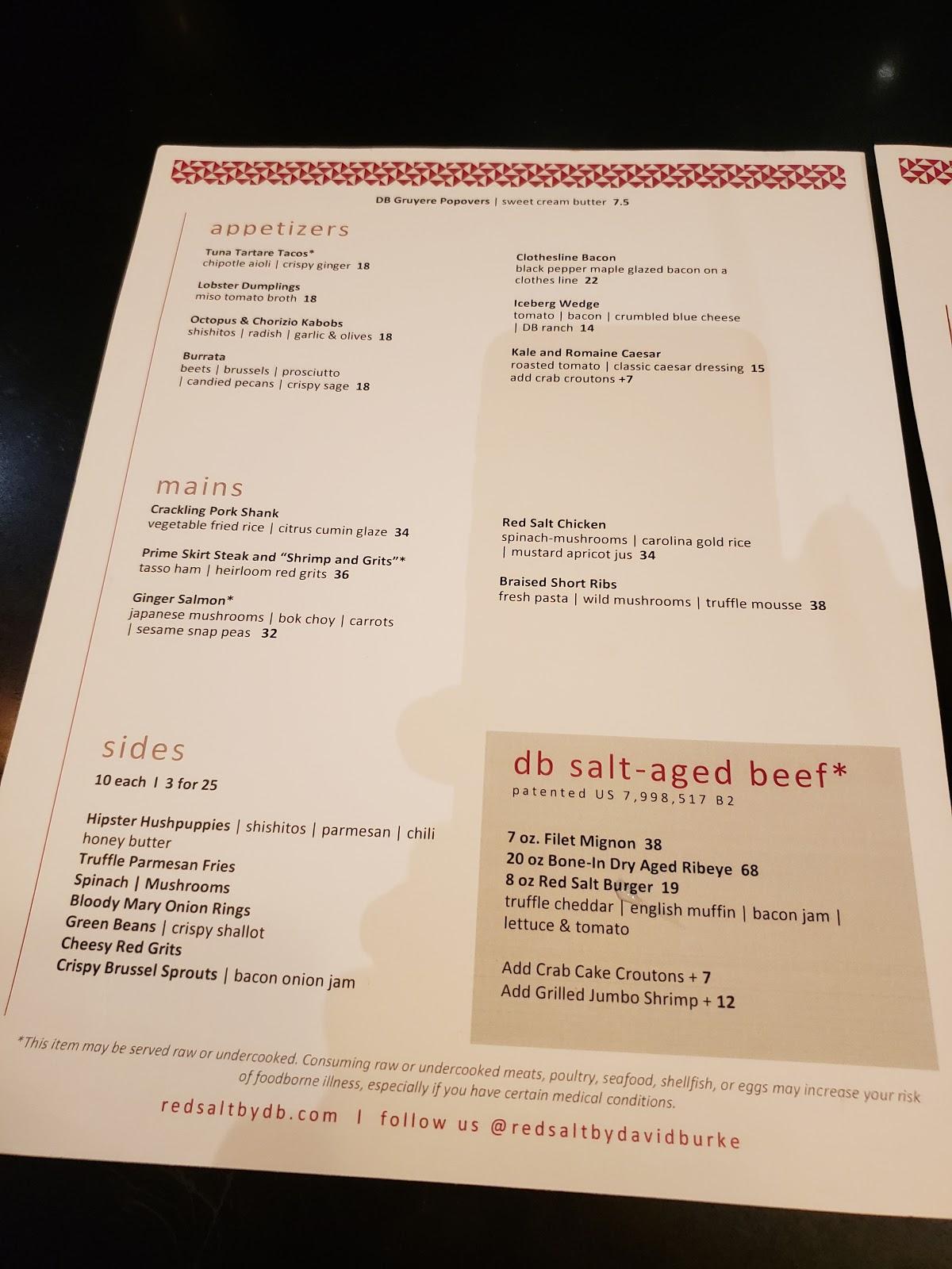 Menu at Red Salt by David Burke restaurant, Charlotte
