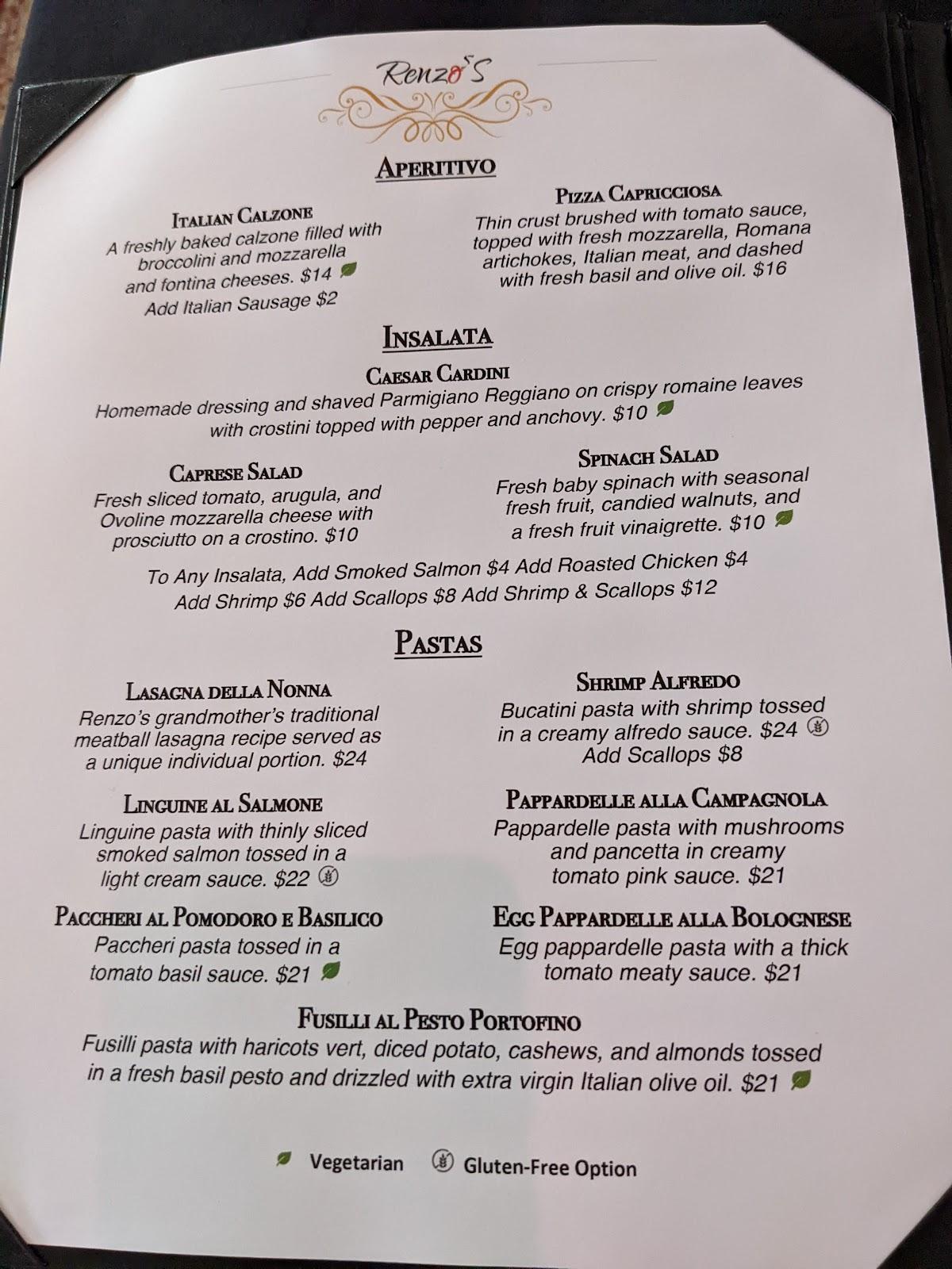Menu at Renzo's Ristorante restaurant, Hendersonville