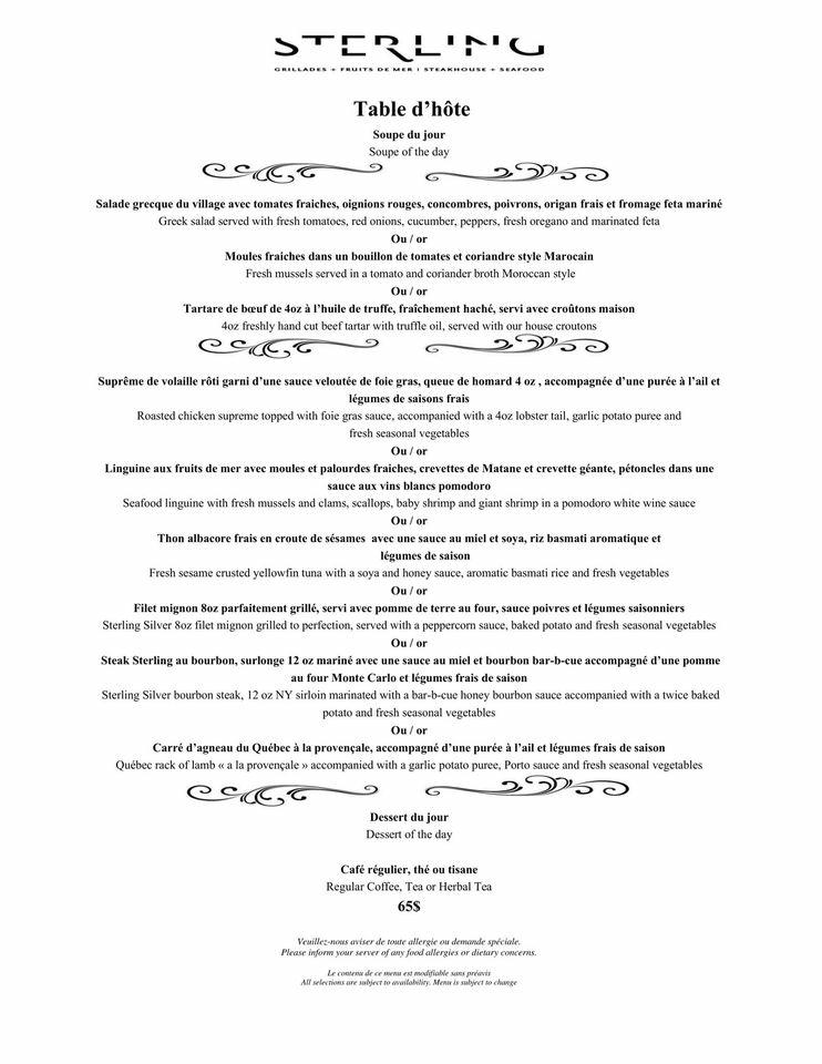 Menu au Sterling pub et bar, Gatineau