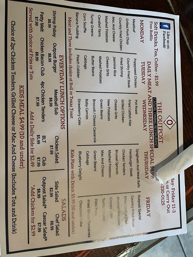 Menu at The Outpost Casual Dining Restaurant, New Brockton
