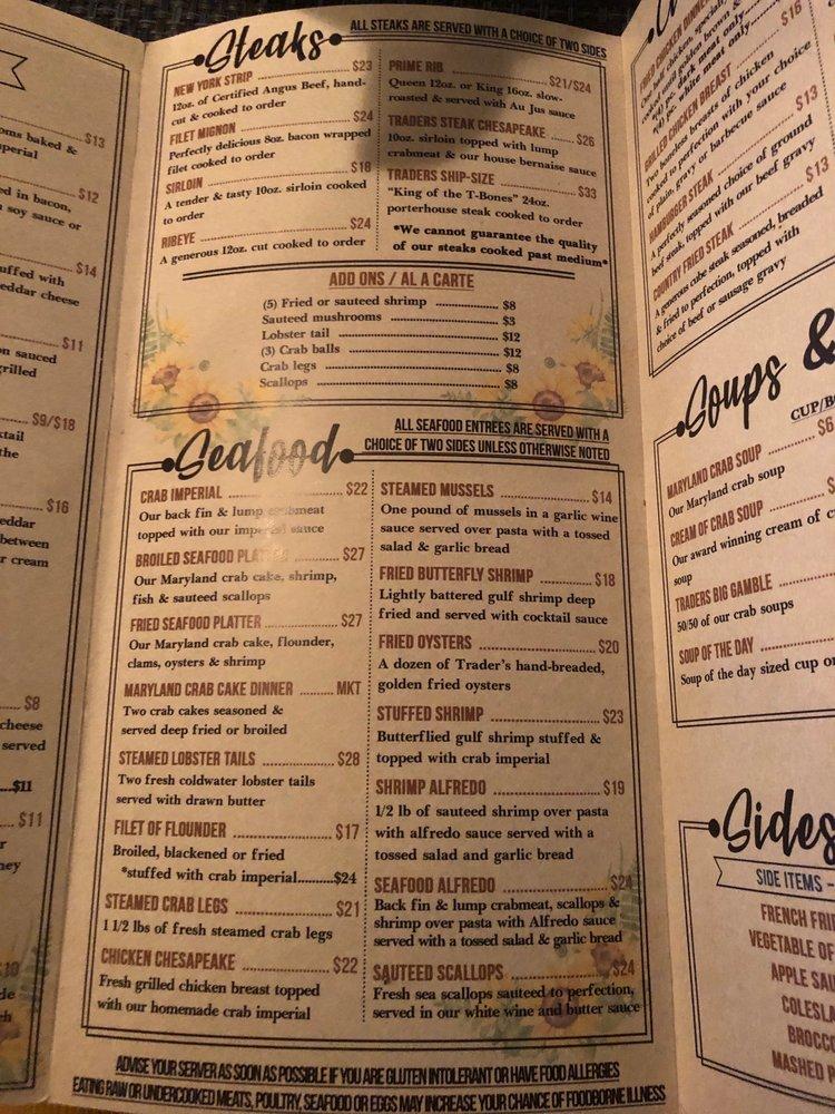 Menu at Traders Seafood Steak & Ale steakhouse, Chesapeake Beach