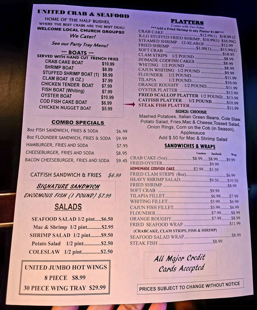 Menu at United Crab & Seafood restaurant, Lochearn