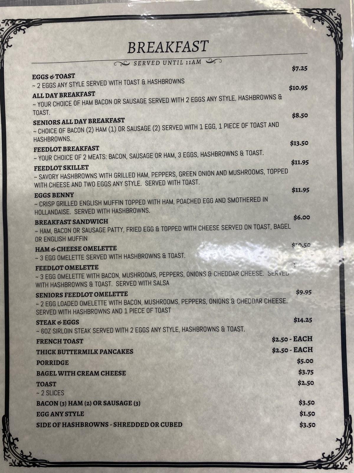 Menu at Feedlot Cafe, DeBolt