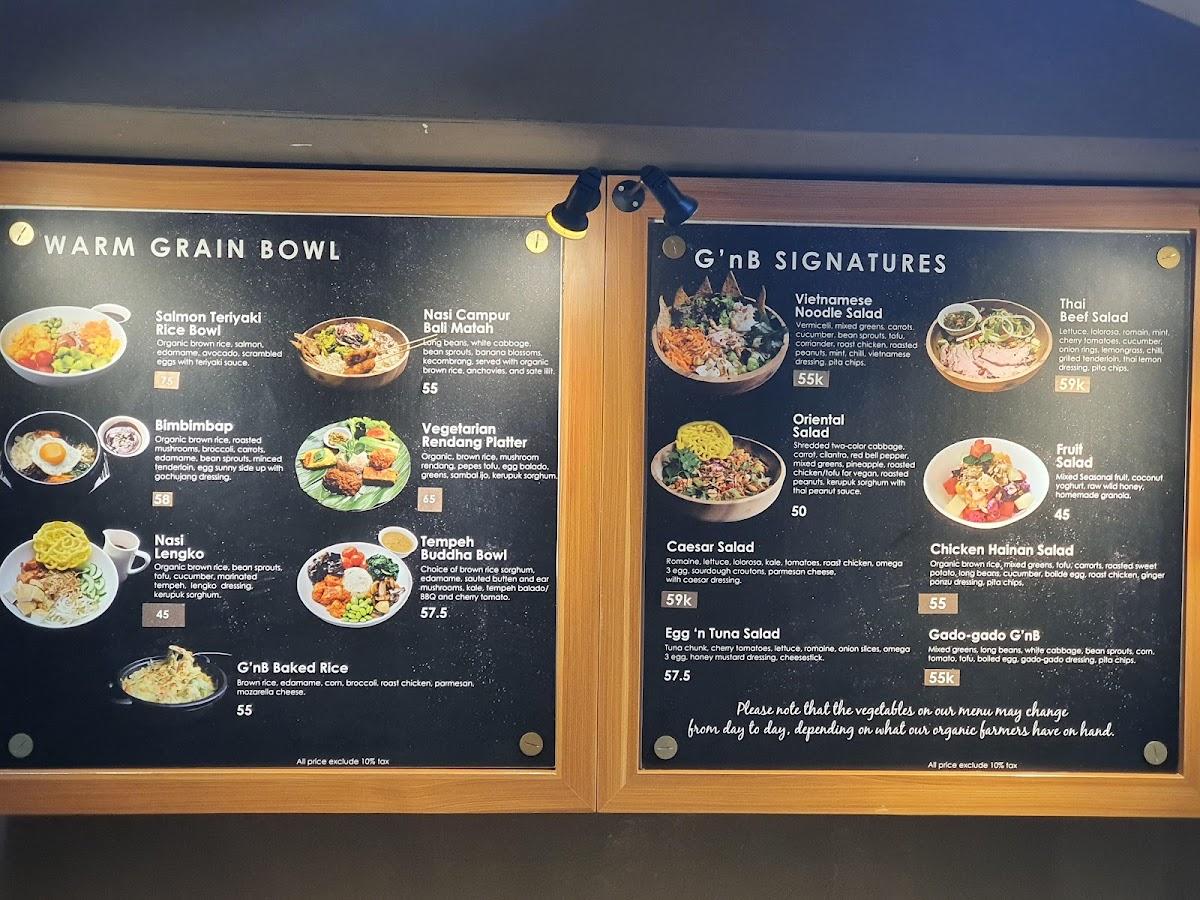 Menu at Greens and Beans restaurant, Bandung