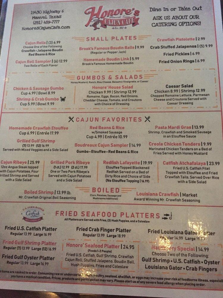 Menu at Honore's Cajun Cafe, Manvel