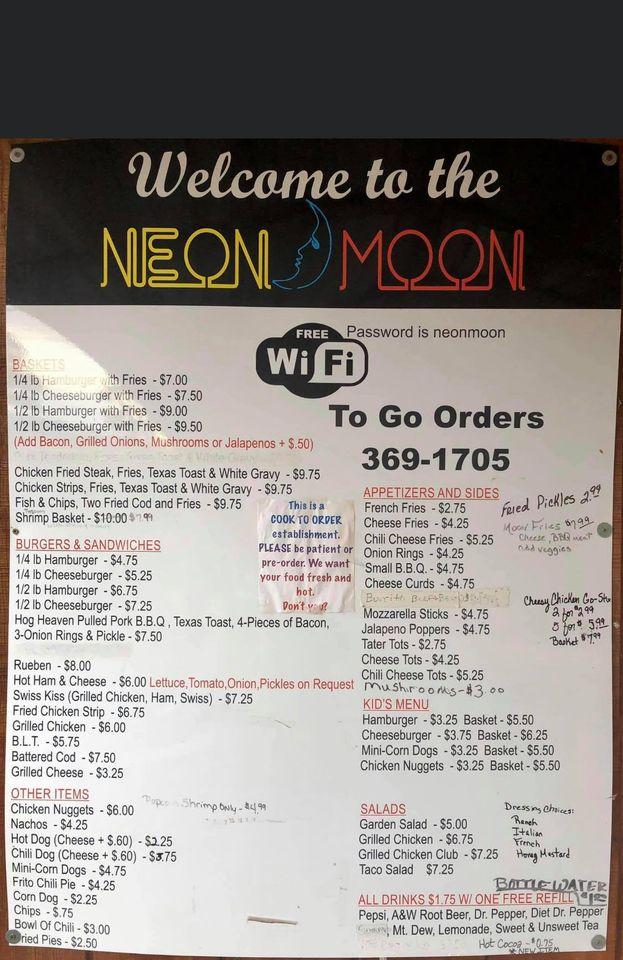 Menu at Neon Moon restaurant, Mountainburg