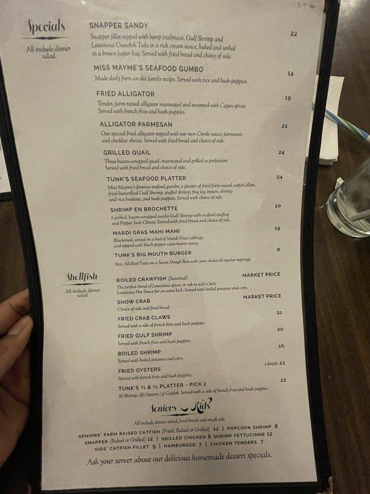 Menu at Tunk's Cypress Inn restaurant, Alexandria, LA-28