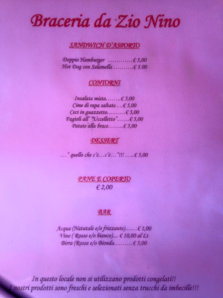 Menu at Braceria da Zio Nino restaurant, Milan