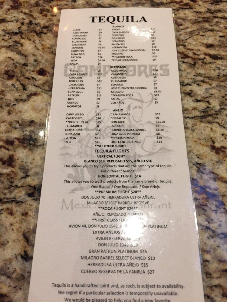 Menu at Compadres Tequila Lounge restaurant, Pittsboro