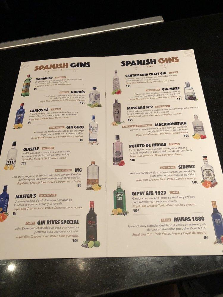 Menu at Gin Club, Madrid, C. de la Reina