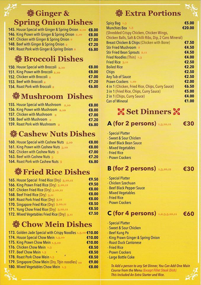 Menu at Golden Jade restaurant, Waterford, Dunmore Rd