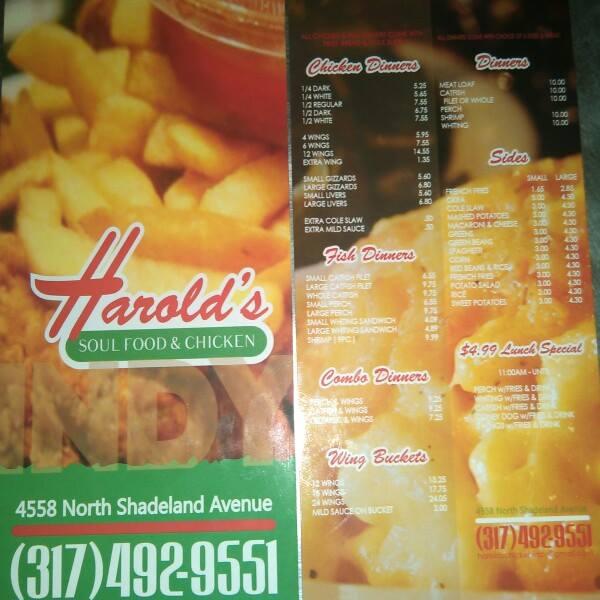 Menu at Harold's Soul Food & Chicken restaurant, Indianapolis