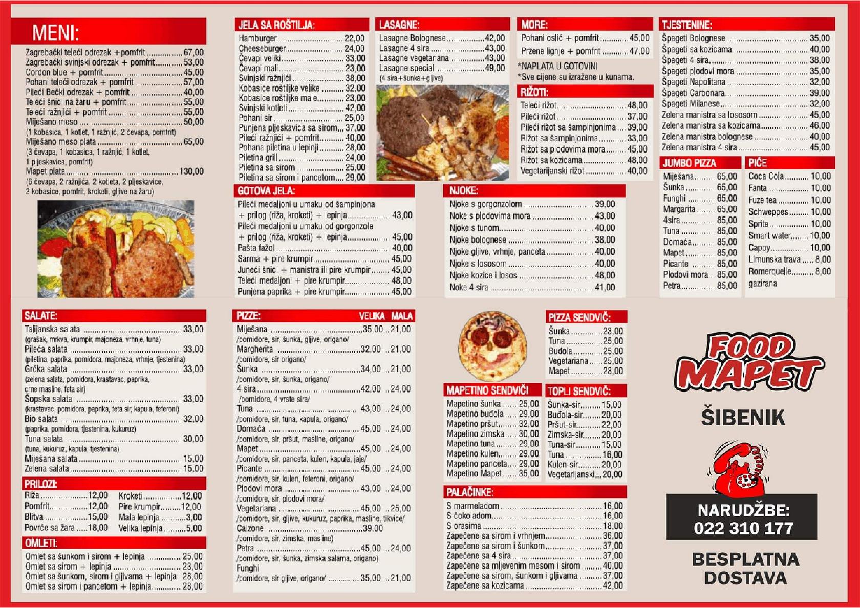 Menu at Fast Food Mapet, Šibenik