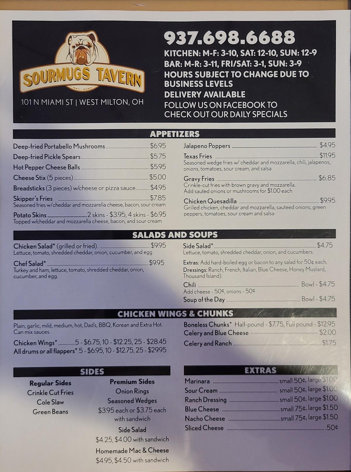 Menu at Sourmugs Tavern pub & bar, West Milton