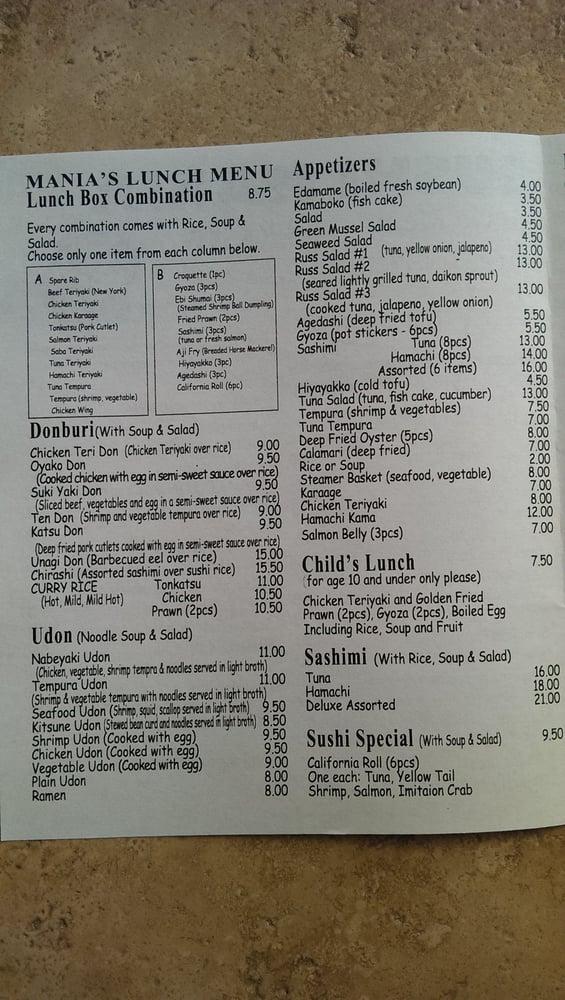Menu at Sushi Mania restaurant, San Jose