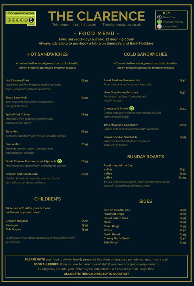 Menu at The Clarence Greenfield pub & bar, Mossley