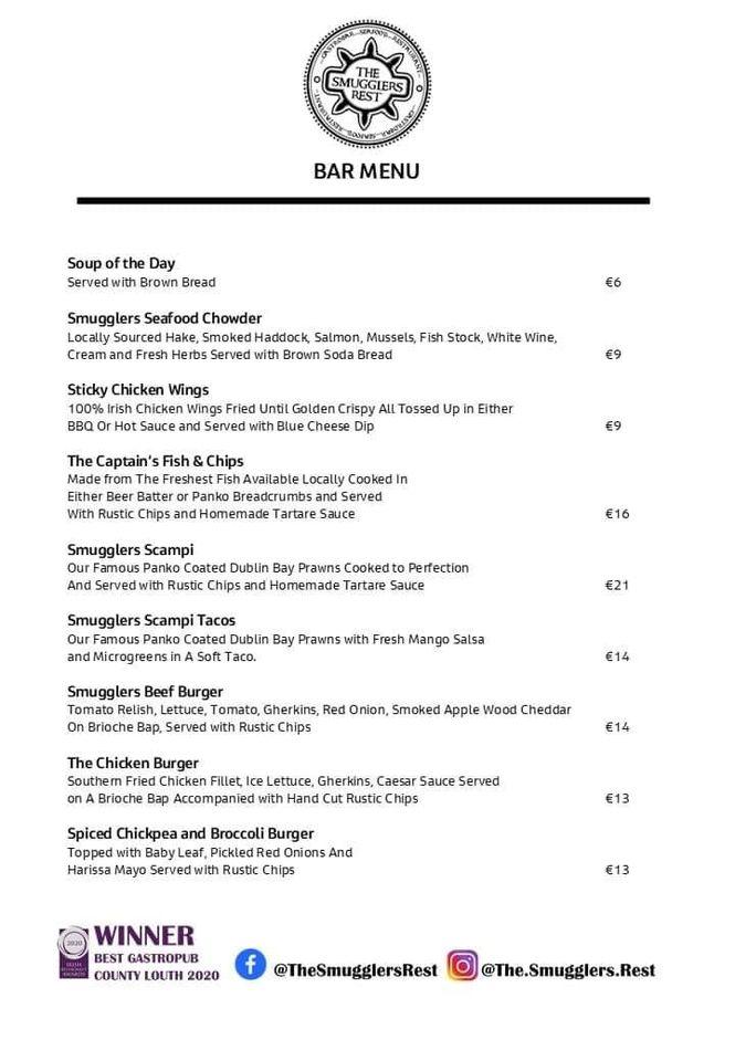 Menu at The Smugglers Rest pub & bar, Clogherhead