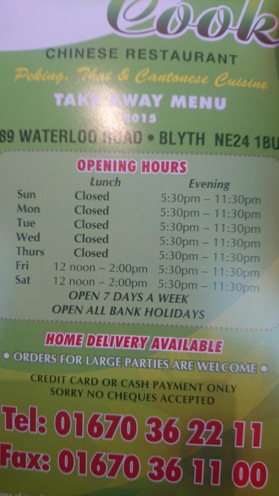 Menu at China Cook restaurant, Blyth, 89 Waterloo Rd