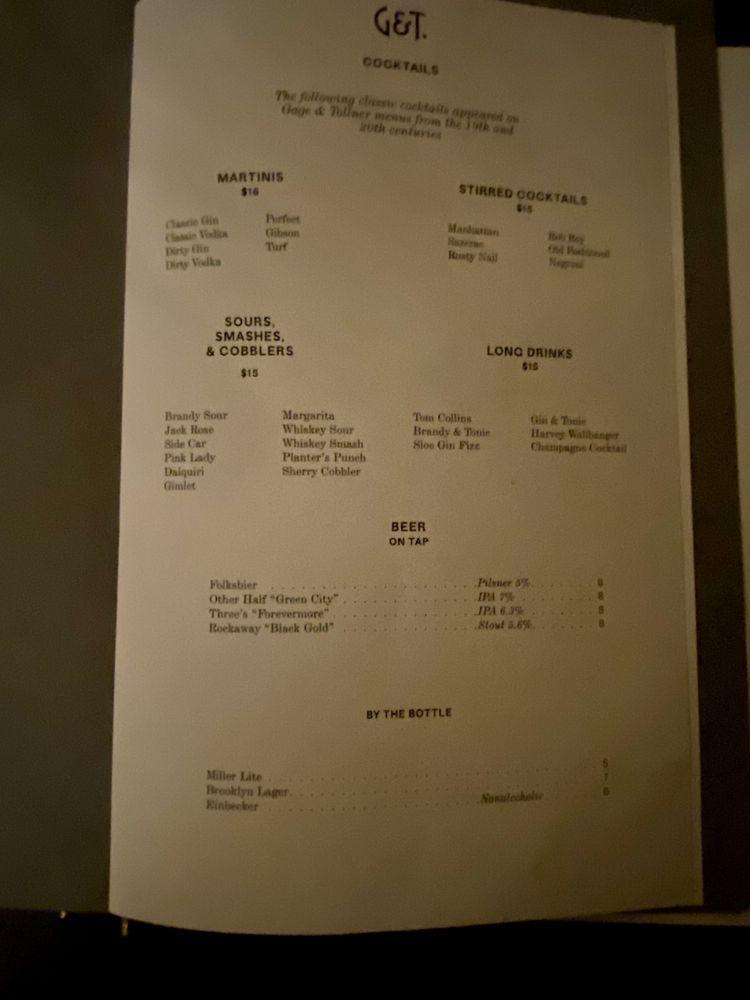 Menu at Gage & Tollner restaurant, New York City