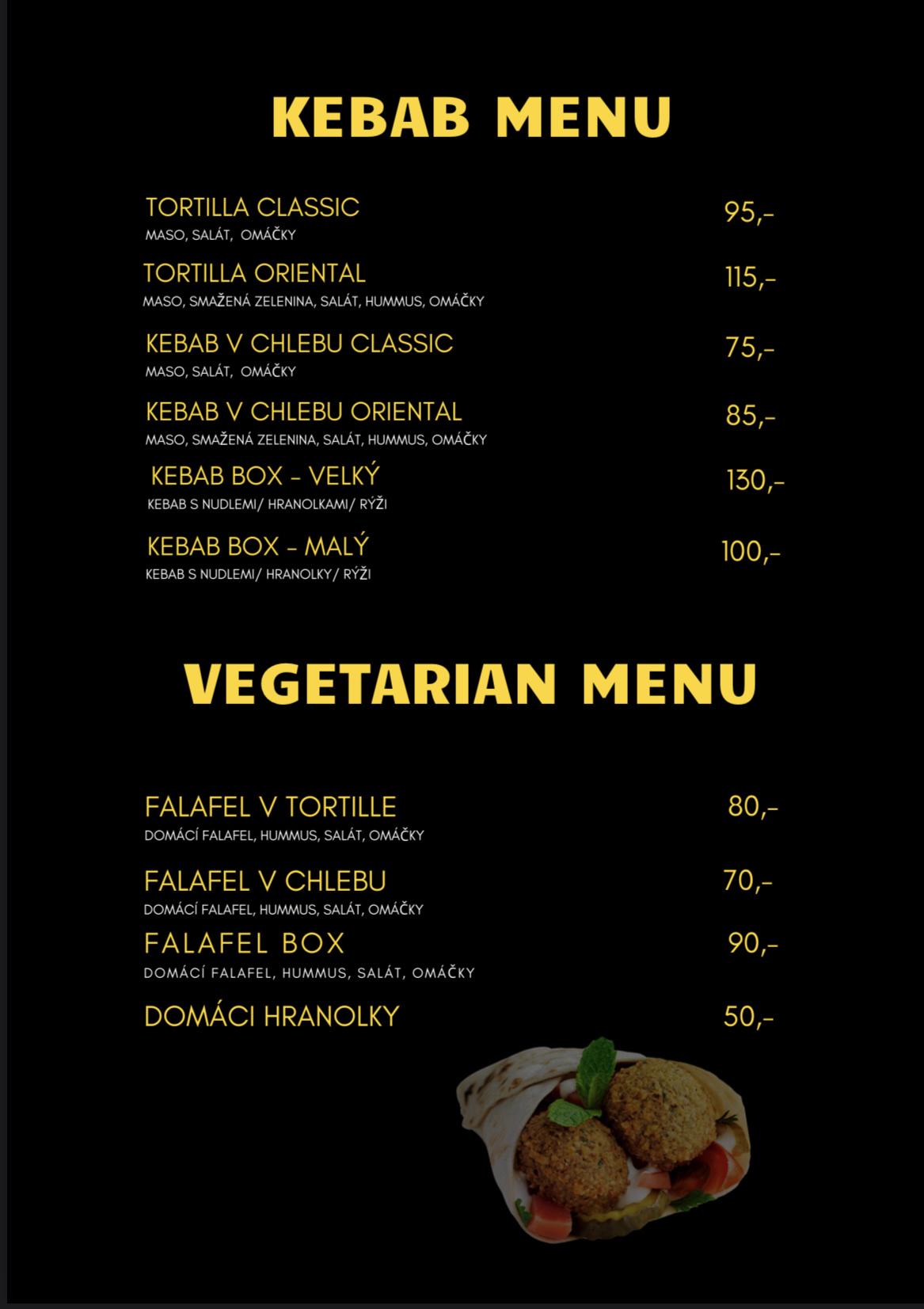 Carta del restaurante Lion Kebab, Brno